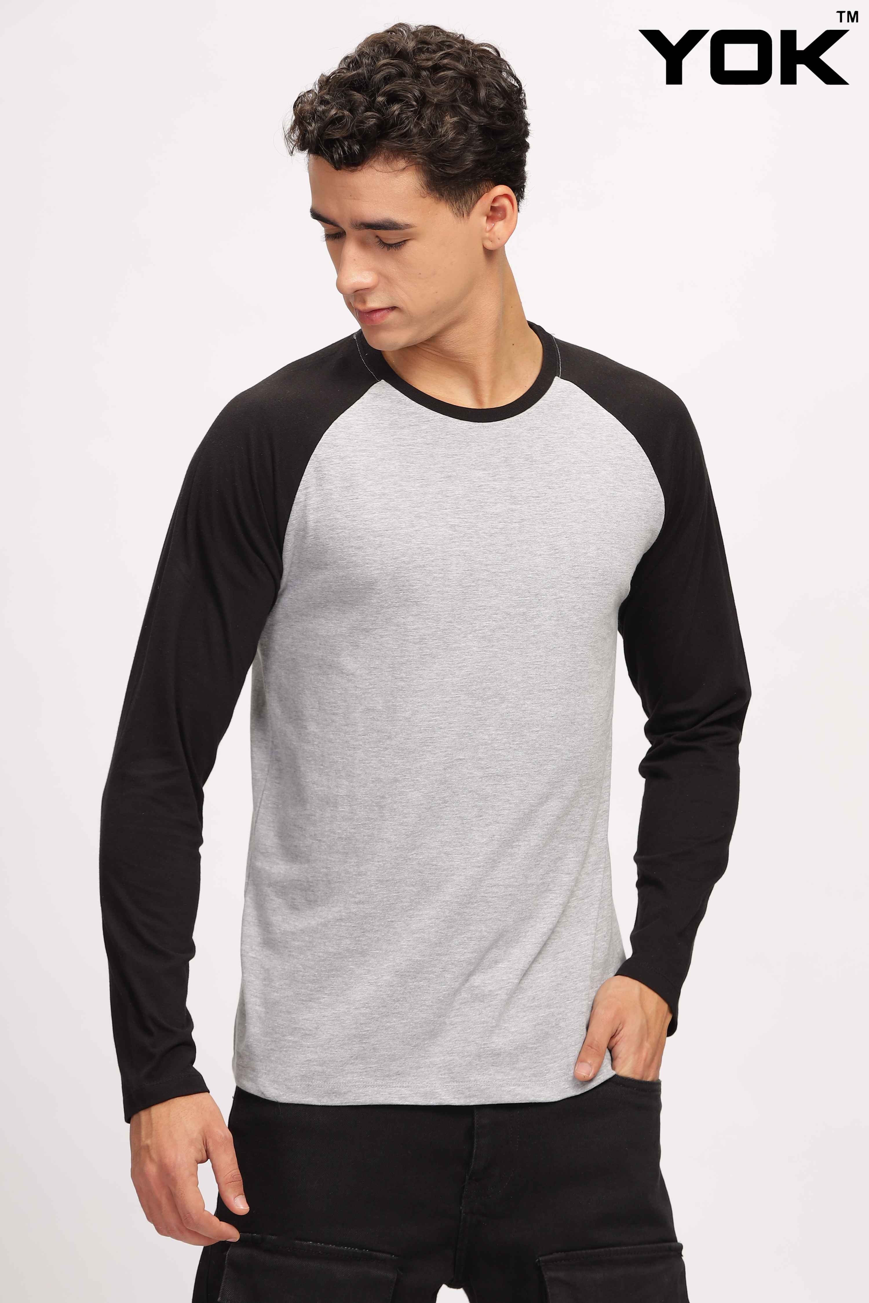 Buy Grey & Black Raglan Full Sleeve T Shirt Online