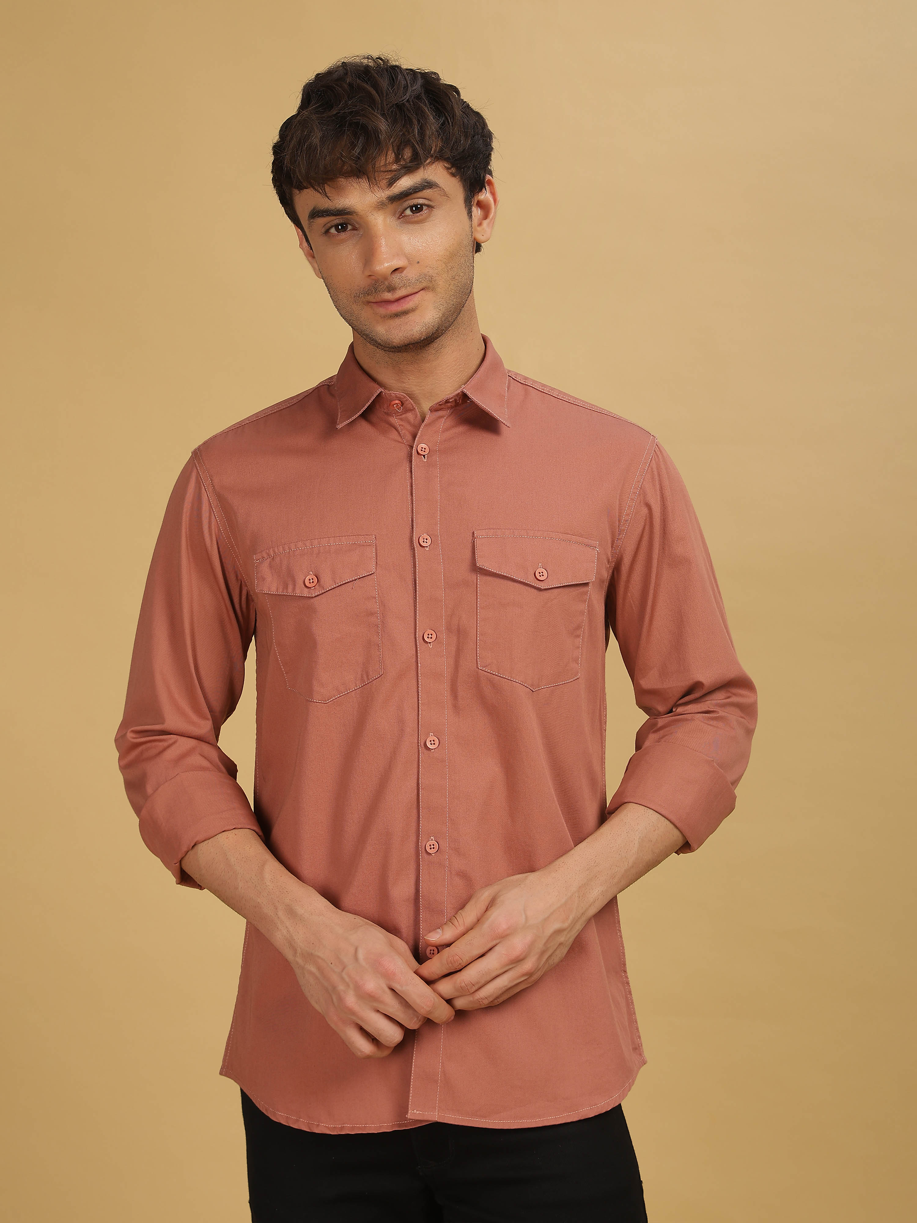 Buy Mens Double Pocket Peach Colour Shirt Online India